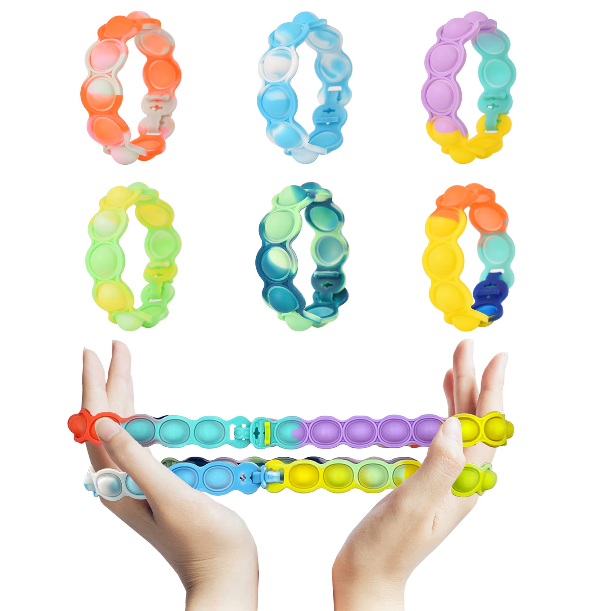 Flyingseeds 6 Packs Push Pop Fidget Bracelet Fidget Toys for Kids & Adults, Anxiety Stress Relief Finger Press Bracelet Multicolor Wristband, Durable and Adjustable Hand Toy for Party Favors