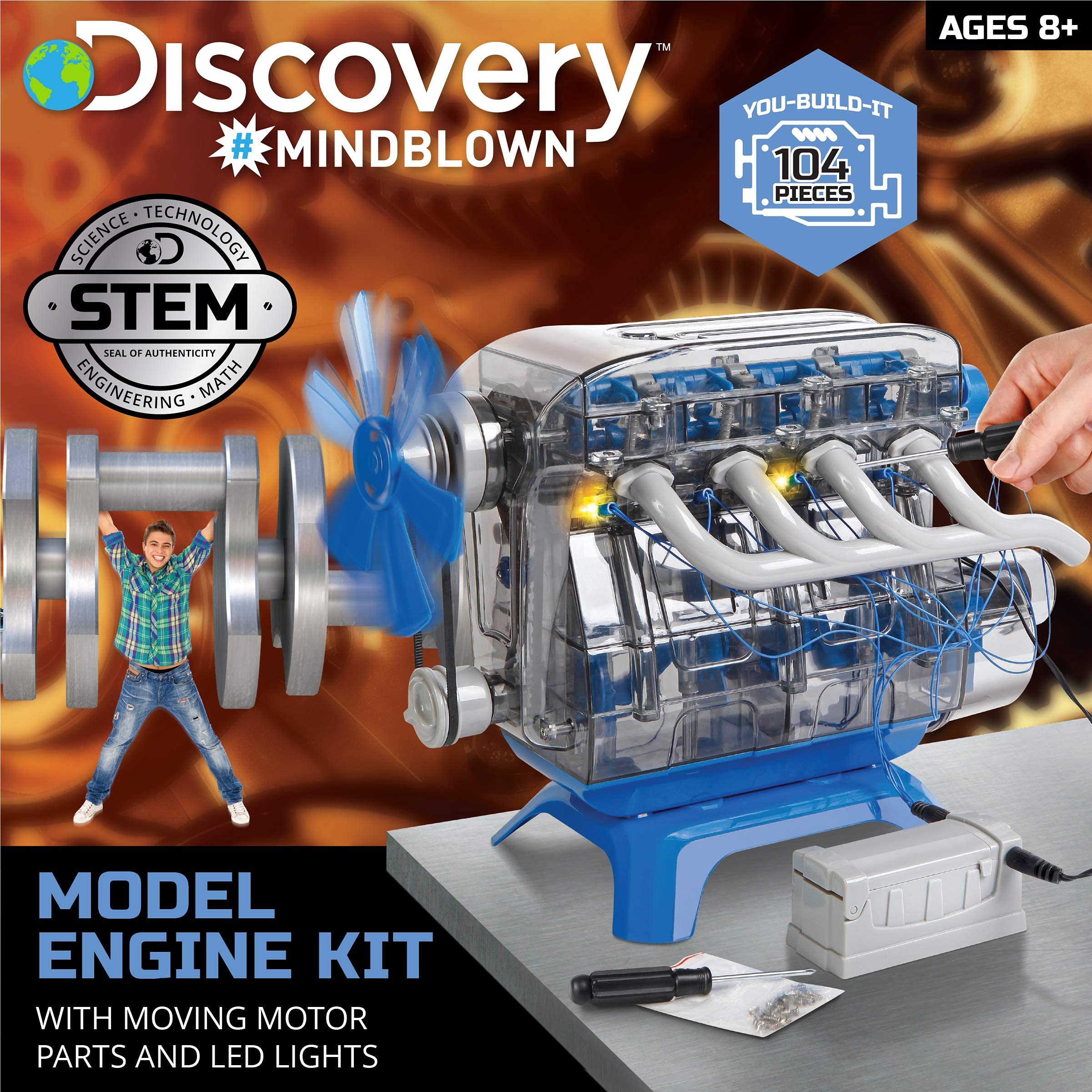 Discovery #MINDBLOWN Model Engine Building Kit, DIY 4-Cylinder Combustion Engine, Working Pistons Fan Valves Belts LED Lights, STEM Mechanic Engineering Construction Experiment Set, Kids & Adults Gift