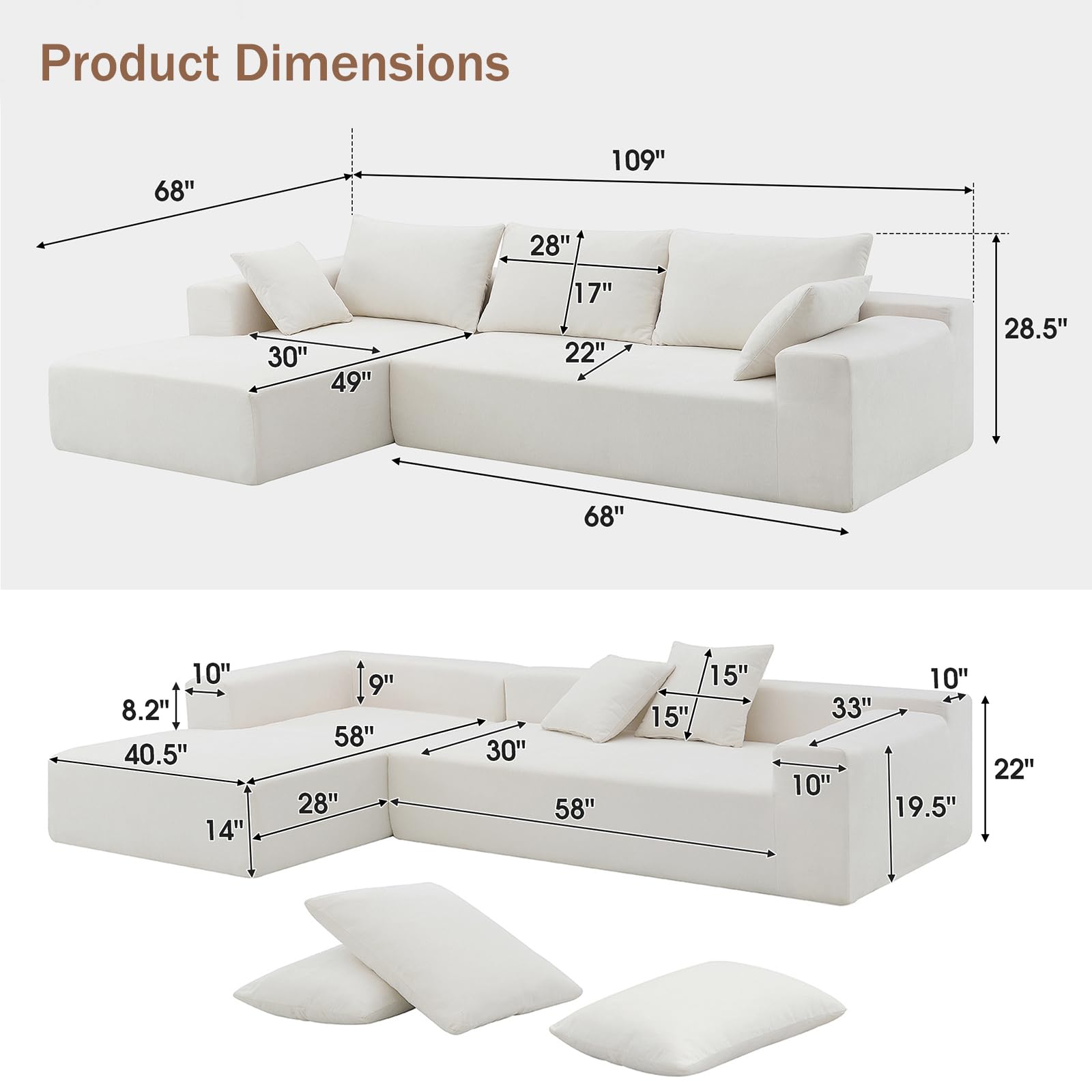 Suheww L Shaped Sectional Sofa Couch, Modern Chenille Cloud Comfy Floor Sofas with Chaise & Pillows for Living Room Office Apartment, No Assembly Required, 109”W, White