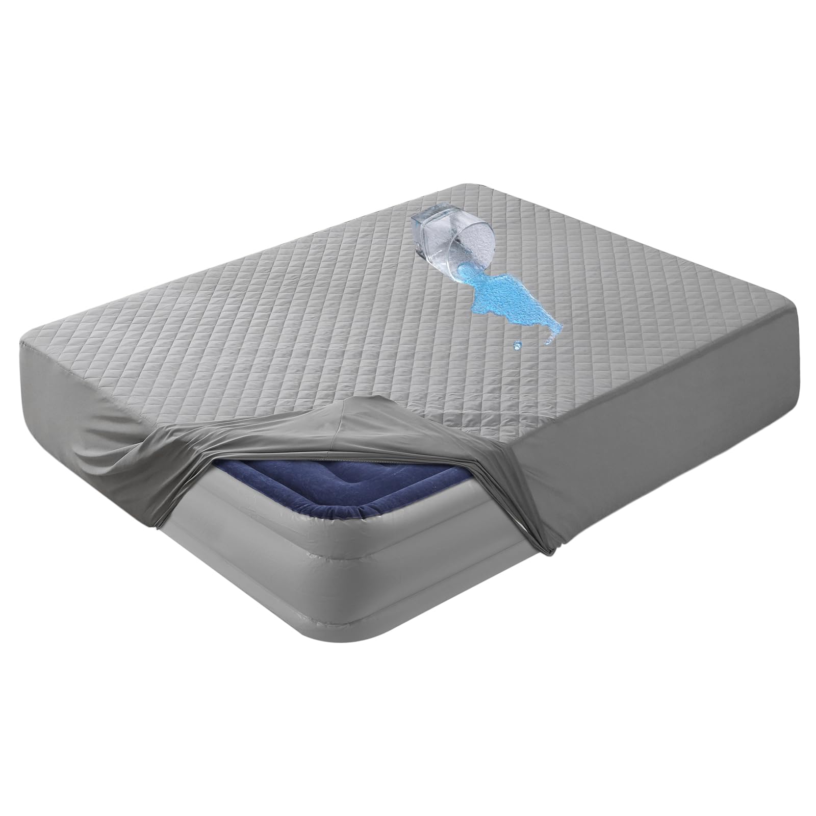 Bedecor Queen Air Mattress Pad Waterproof Mattress Topper Quilted, Air Bed Mattress Protector Heavy Absorbent Grey Breathable & Noiseless Mattress Cover Fitted Style Deep Pocket Up to 18"