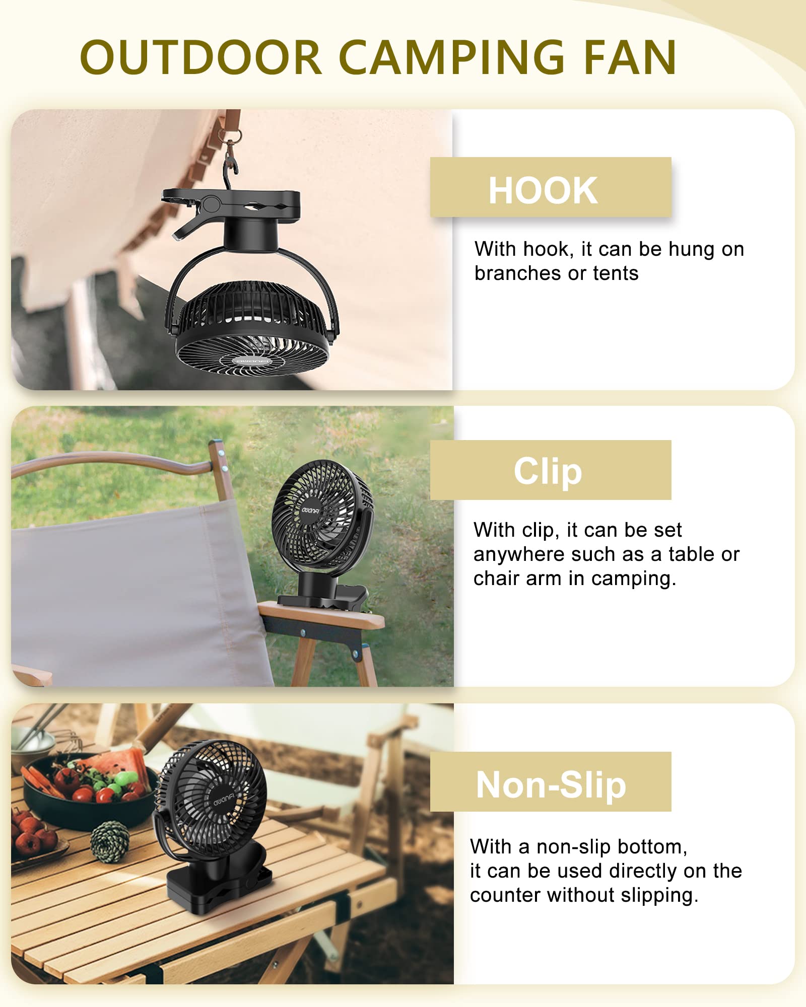 AWANFI Oscillating Fan with Remote, Camping Fan with LED Light, 4 Speeds, Hanging Hook, Clip On Fan for Tent, Desk, Stroller, Camping, Office, Home