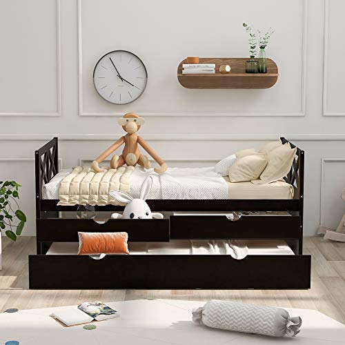 Brisca Twin Size Multi-Functional Daybed with Two Drawers and Trundle,Solid Pine Wood Bed W/X Frame On Side,for Guest Room,Bedroom,Espresso