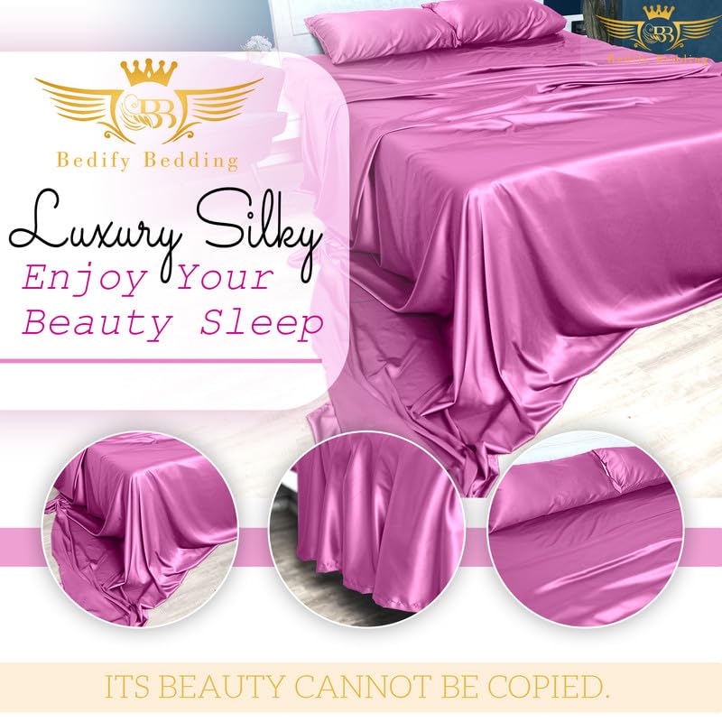 Bedify Bedding 100% Pure Silk Satin Duvet with Fitted Set 4 Pcs Silk Fitted Sheet 15" Deep Pocket Silk Duvet Cover Pillowcases Soft Silk Sheets|Wrinkle Free Fade Resistant(Black,King)