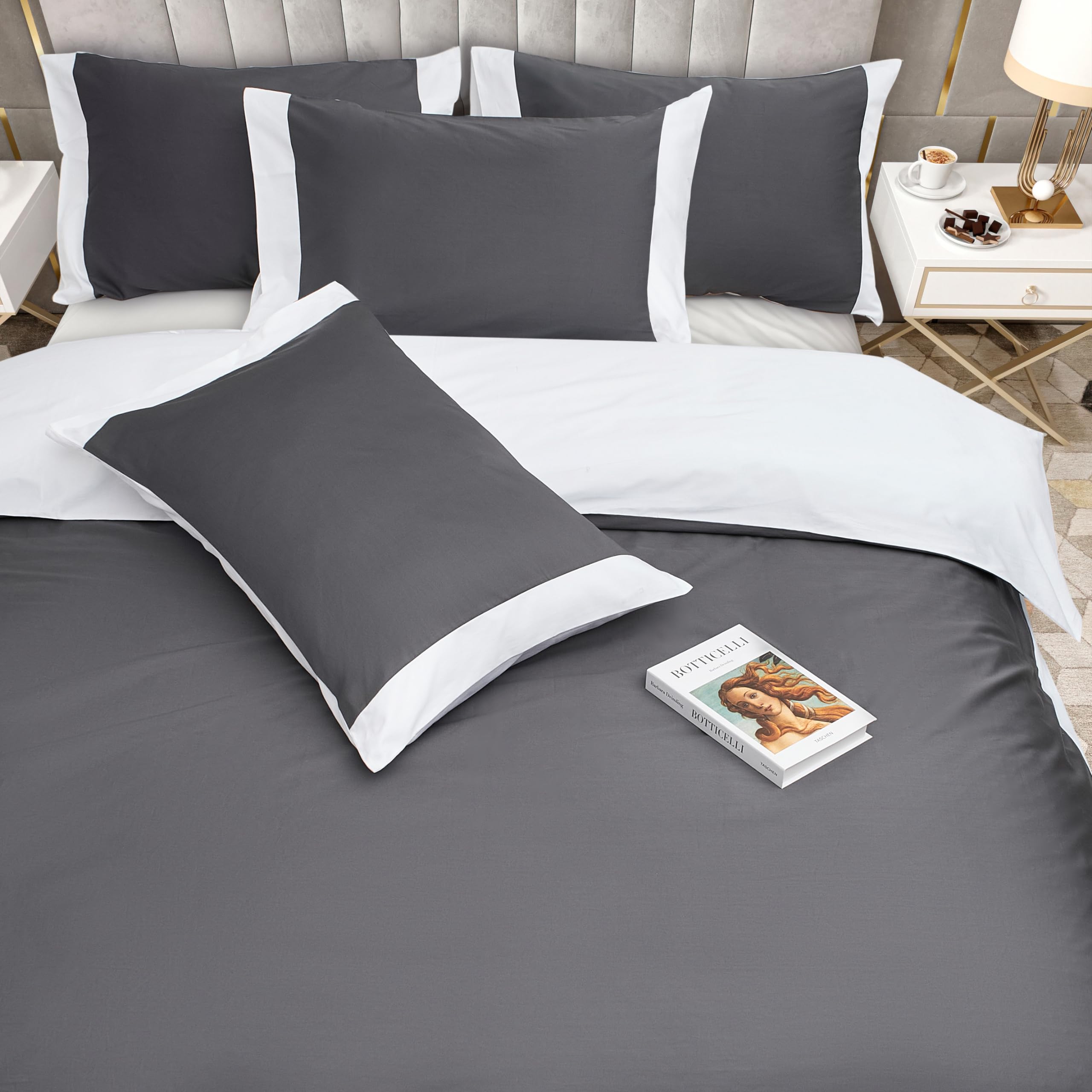 Bedlovesoft 100% Cotton Double Bed Linen 5 Pcs Twin Size | 4 Pillowcases Satin Duvet Cover Linen - Embroidery | Ultra Soft Breathable and Shrink Free - Grey, White Bedding