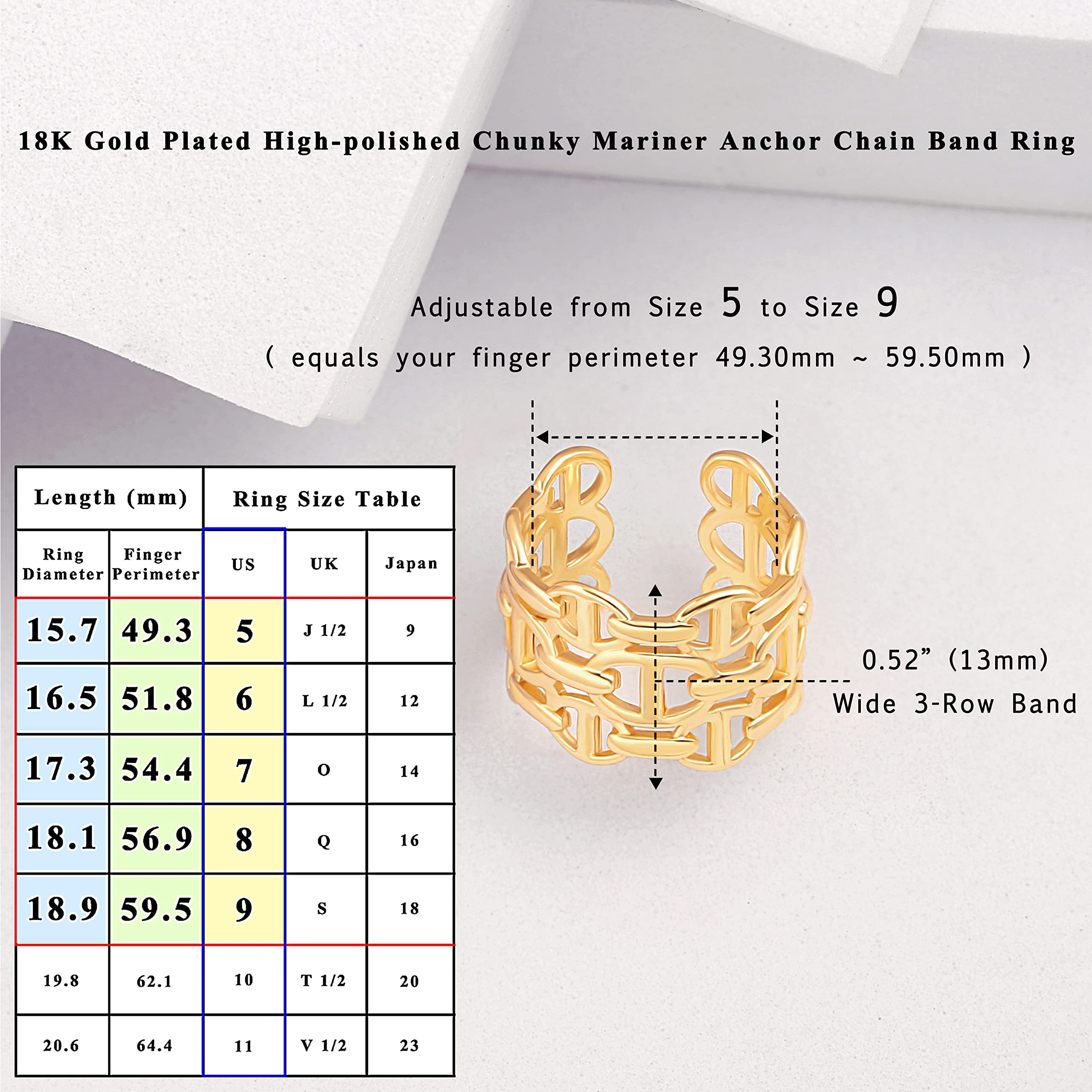 Aobei Pearl 18K Gold 3-Row Chunky Band Ring Mariner Anchor Chain Ring for Women Statement Pig Nose Link Open Rings Adjustable Thumb Knuckle Finger Jewelry for Her