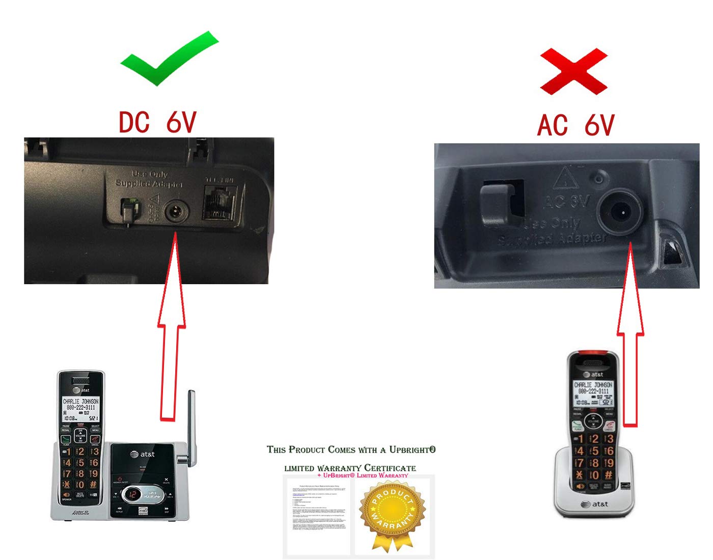 UpBright DC 6V AC Adapter Compatible with AT&T VTech CL82114 CL82214 CL82314 CL82364 CL82414 CL82464 CL82514 EL42308 EL50003 EL50013 DECT 6.0 Cordless Phone Answering System 6VDC Power Supply Charger