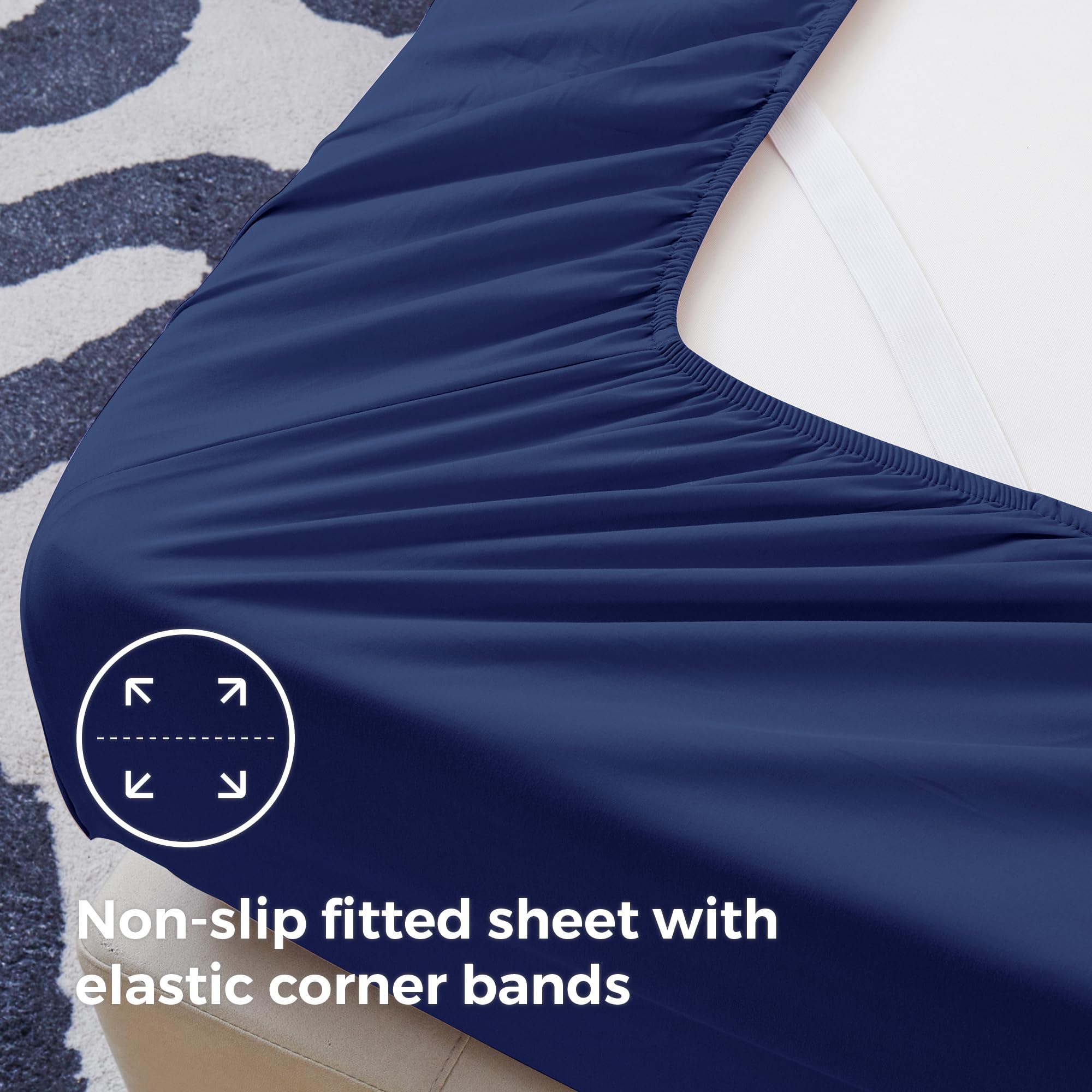 Bedmoon Twin Sheets, Soft Microfiber Cooling Sheets with Corner Straps, Navy Blue Bed Sheet Set with Non-Slip Fitted Sheet