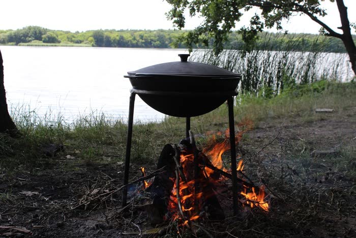 BRIZOLL Cast Iron Uzbek Kazan Dutch Oven Pot with Lid 10.5 qt. (10 L) Asian Cauldron Camping Wok Cooking Kitchen