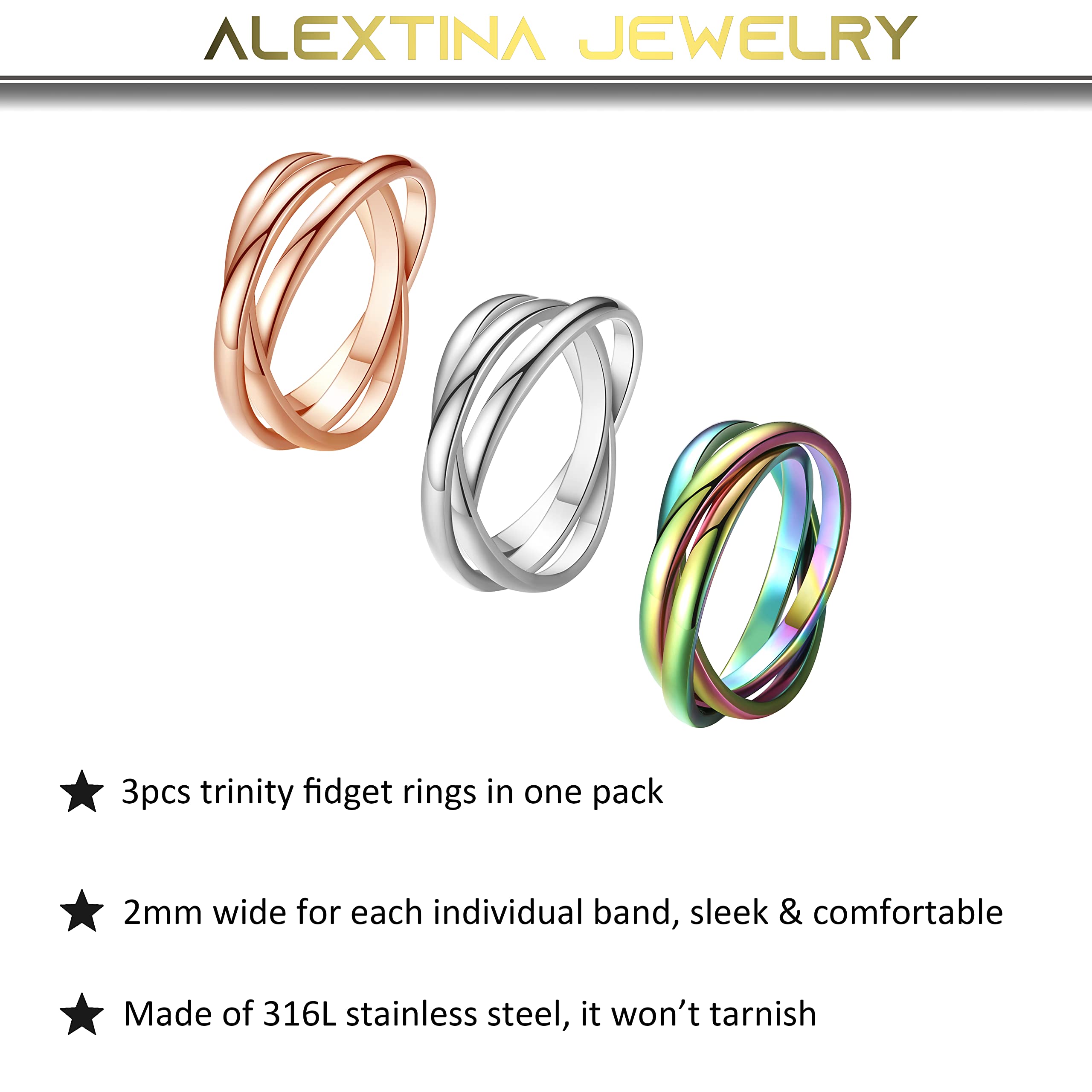 ALEXTINA Anxiety Rings for Women Triple Band Rings Rolling Fidget Rings for Anxiety 3pcs Stainless Steel Puzzle Rainbow Ring Stacking Ring Wedding Band, Rainbow Size 9