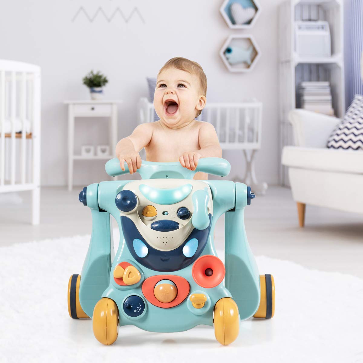 HONEY JOY Sit-to-Stand Learning Walker, 3-in-1 Push Pull Baby Walker W/Wheels, Convertible Ride On Toy Car, Kids Educational Activity Center W/Sound & Light for Toddler Infants Boy Girl (Blue)