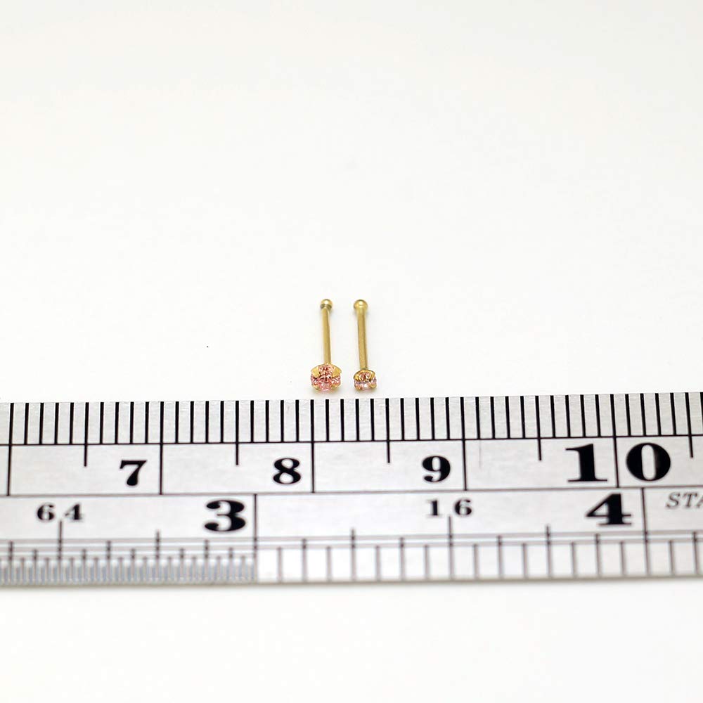 9 Karat Solid Yellow Gold Plain Claw Set 2MM Pink Round CZ Stone 22 Gauge Ball End Nose Stud Piercing Jewelry