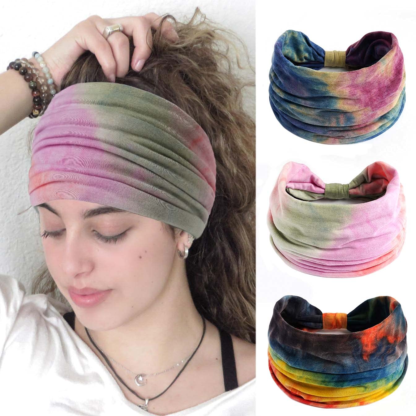 Aceorna Wide Boho Headbands Knot Bandeau Cotton Stretch Thick Fabric Head Band Tie Dye African Wraps for Women Workout Yoga 3 Pcs (Boho)