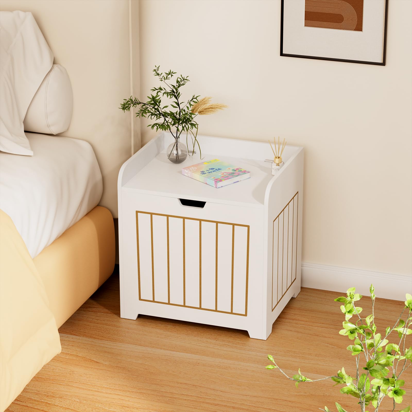 VILAWLENCE Storage Box Small Cube Toy Storage Organizer White,White Wooden Entryway Storage Bin For Home Books Clothes Toy,Small Square Nightstand For Playroom,Bedroom(15.4x11.8x15.3inches)
