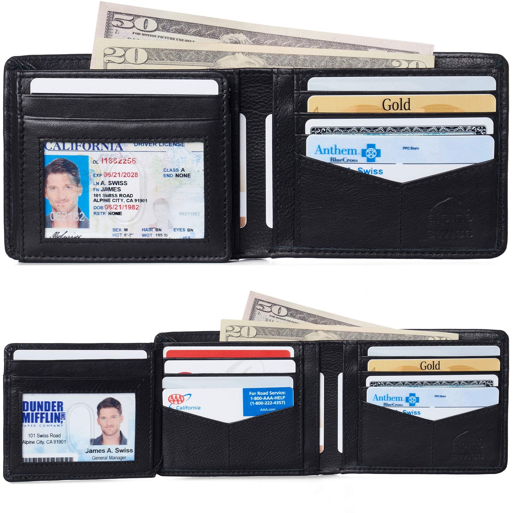Alpine Swiss RFID Luka Men's Flip ID Wallet Deluxe Capacity ID Bifold With Divided Bill Section Camden Collection Soft Nappa Black