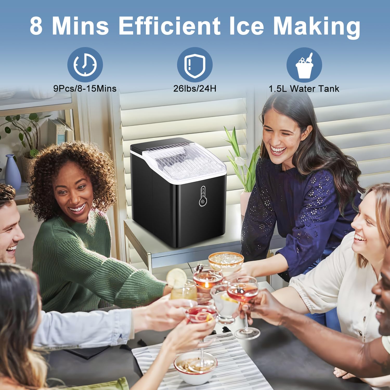 Ice Makers Countertop, Portable Ice Makers Countertop with Self-Cleaning,9 Bullet Cubes Ready in 8 Mins,26lbs/24H,with Ice Scoop and Ice Basket,for Home Kitchen Camping RV.(Black)