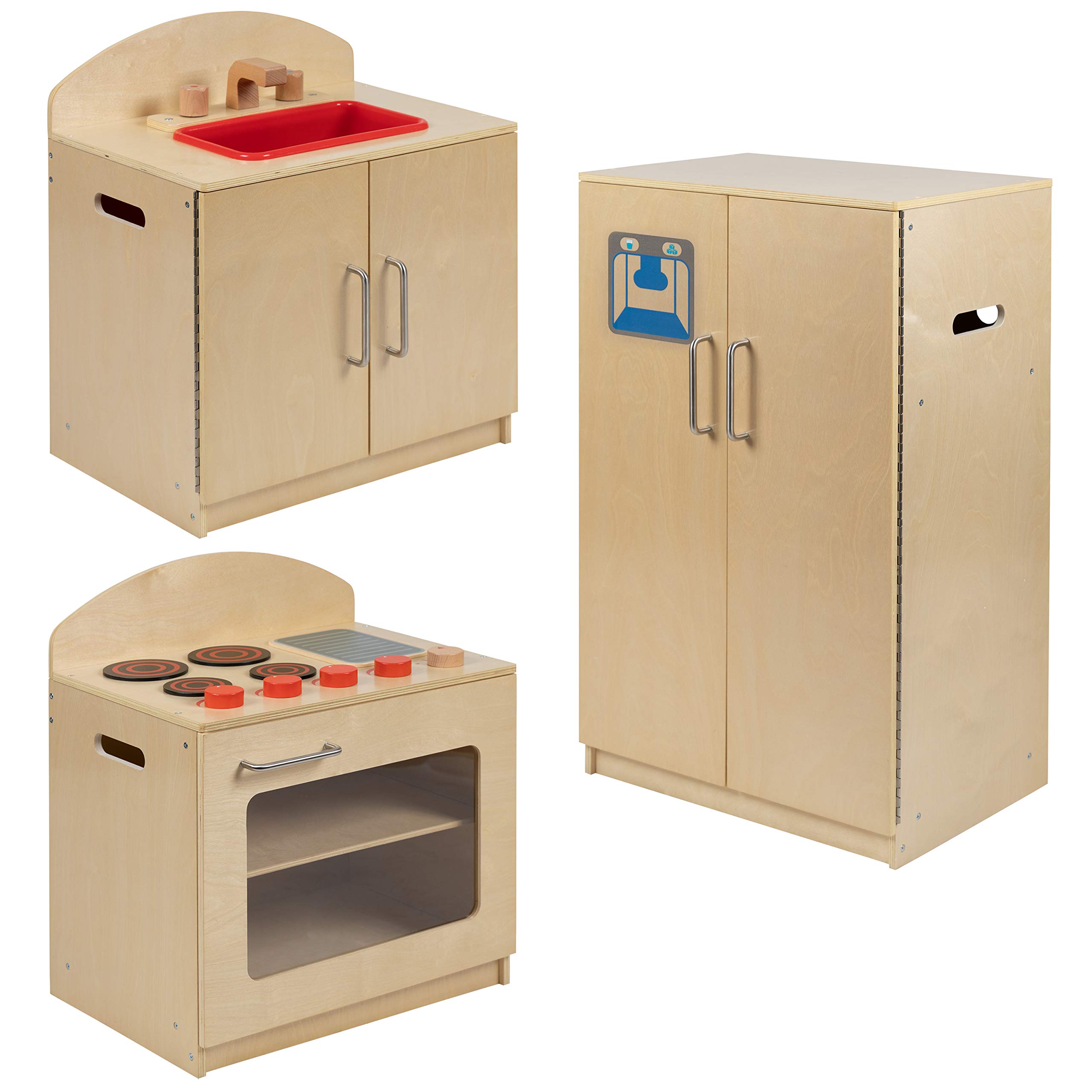 Flash Furniture Children's Wooden Toy Kitchen Set with Pretend Stove, Sink, and Refrigerator, 3-Piece Interactive Kids Playset for Educational Play
