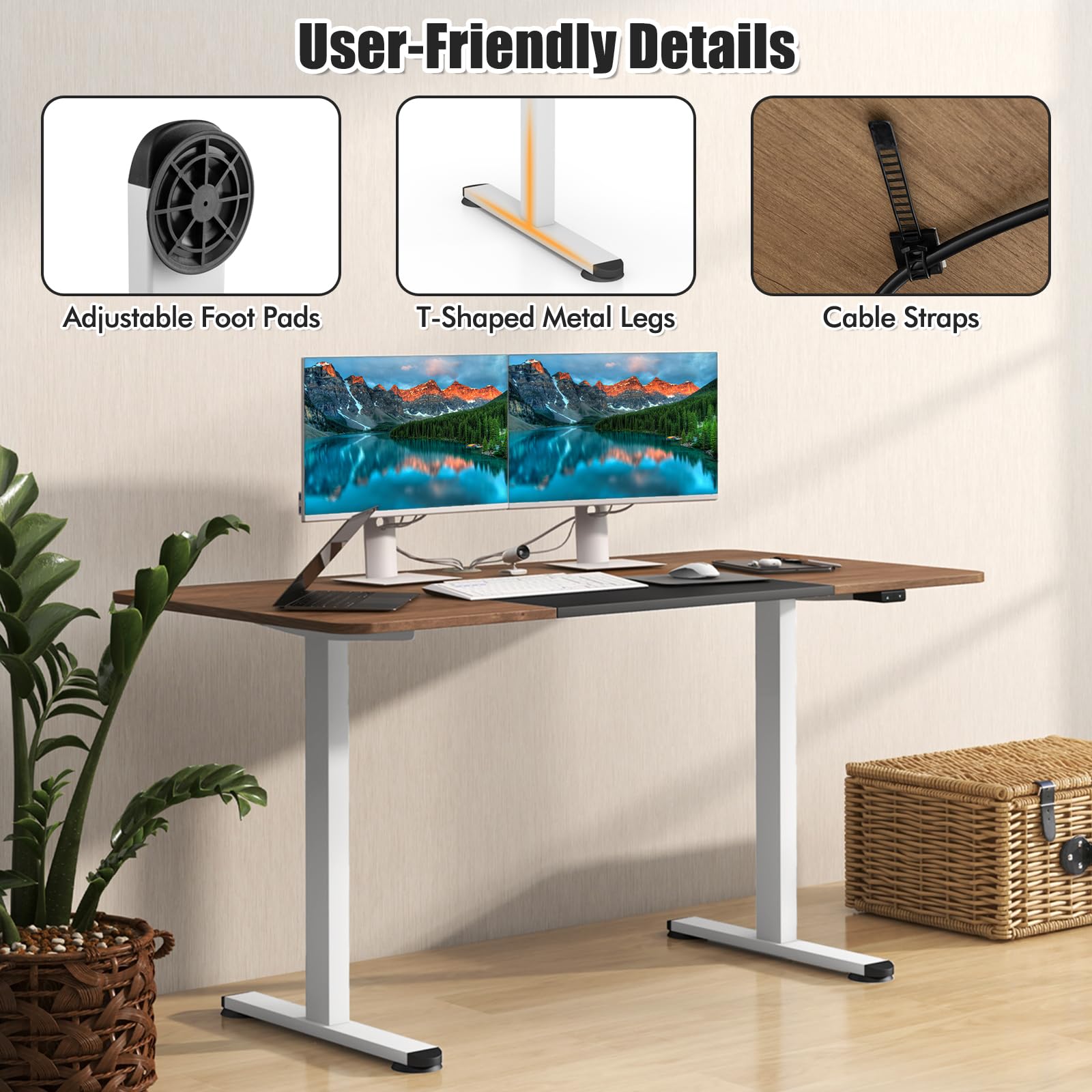 Tangkula 55 x 28 Inch Large Electric Standing Desk, Height Adjustable Sit to Stand Desk with Powerful Motor & Anti-Collision Design, Ergonomic Stand Up Workstation with Metal Frame, Home Office Desk