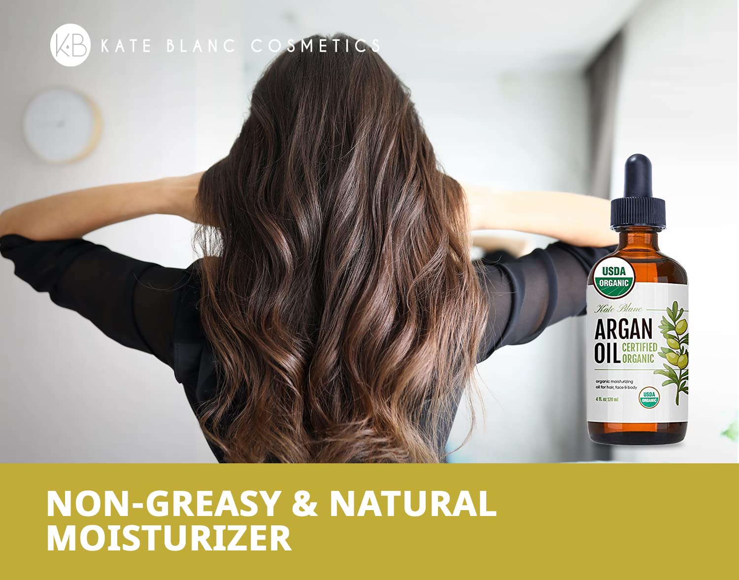Kate Blanc Cosmetics Argan Oil for Hair, Face & Skin from Morocco. Promotes Hair Growth (4oz, USDA Certified Organic, Cold Pressed & 100% Pure)