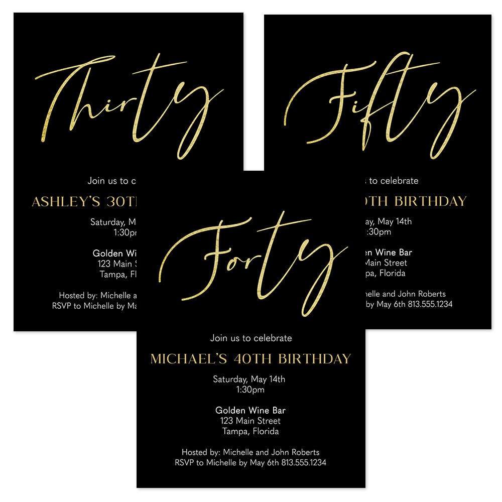 Birthday Party Invitations 30th 40th 50th Thirty Forty Fifty Milestone Bday Black Gold 30 40 50 Customized Printed Invites (12 count)