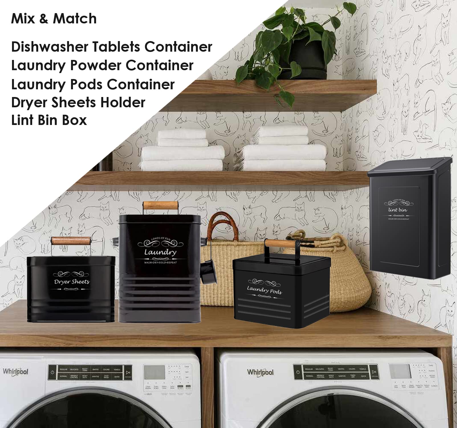ELITAPRO Lint Holder Bin for Laundry Room - Farmhouse Magnetic Lint Bin with Lid - Wall Mounted Laundry Trash Can for Dryer, Washer - Laundry Room Organization and Storage - Hanging Lint Box (Black)