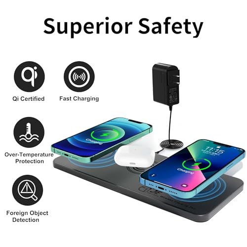 Triple Wireless Charger Pad - 15W Fast Charging Station for Apple iPhone 16/15/14/13/12 Pro/Max/Plus, AirPods, Qi-Certified 3-in-1 Charging Mat for Multiple Devices One-Step Wireless Charging Solution