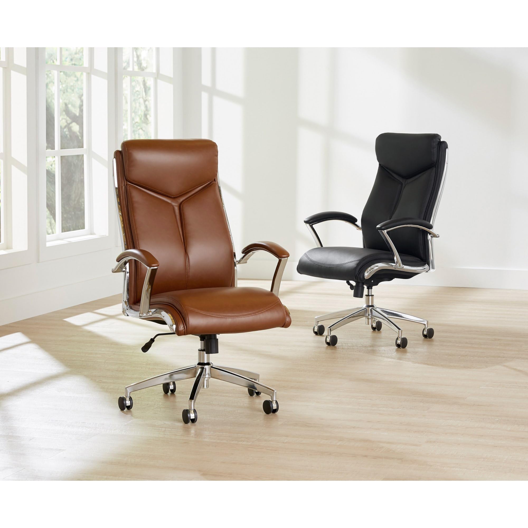 RealspaceĀ® Modern Comfort Verismo Bonded Leather High-Back Executive Office Chair, Black/Chrome, BIFMA Compliant