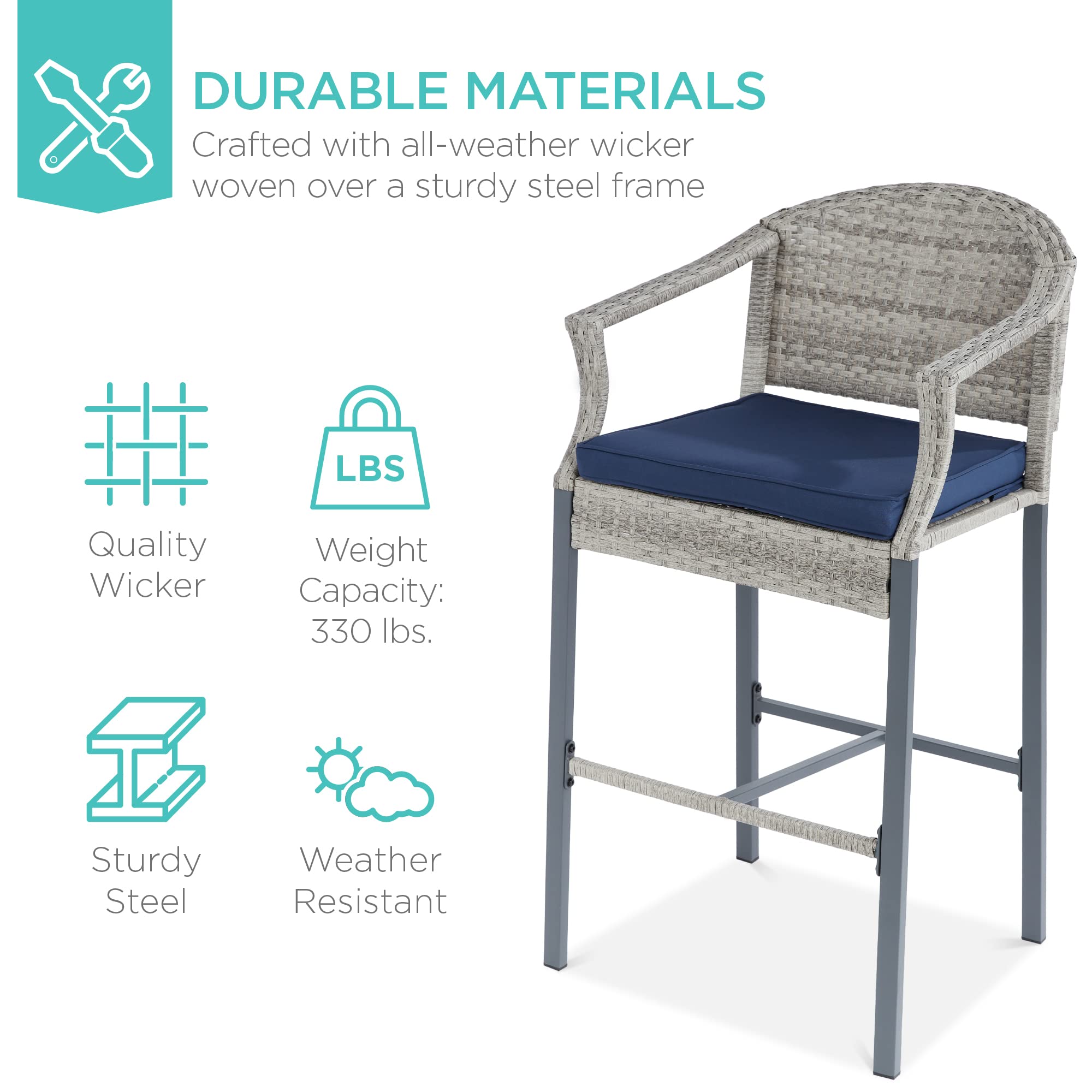 Best Choice Products 3-Piece Patio Bar Table Set, Outdoor Wicker Bar Height Bistro Furniture for Backyard, Poolside, Balcony w/Barstools, Cushions, Steel Frame β Gray/Blue