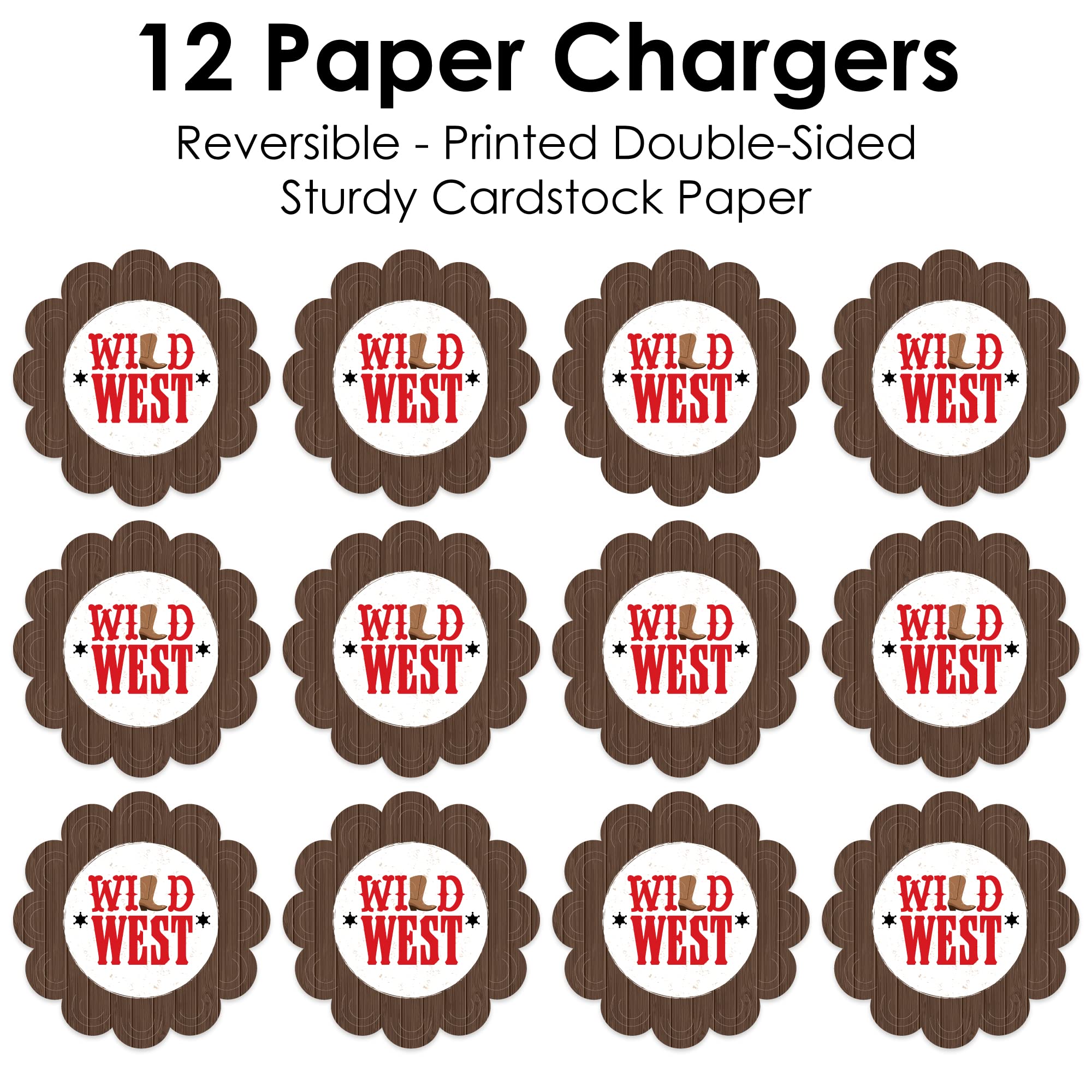 Big Dot of Happiness Western Hoedown - Wild West Cowboy Party Round Table Decorations - Paper Chargers - Place Setting for 12