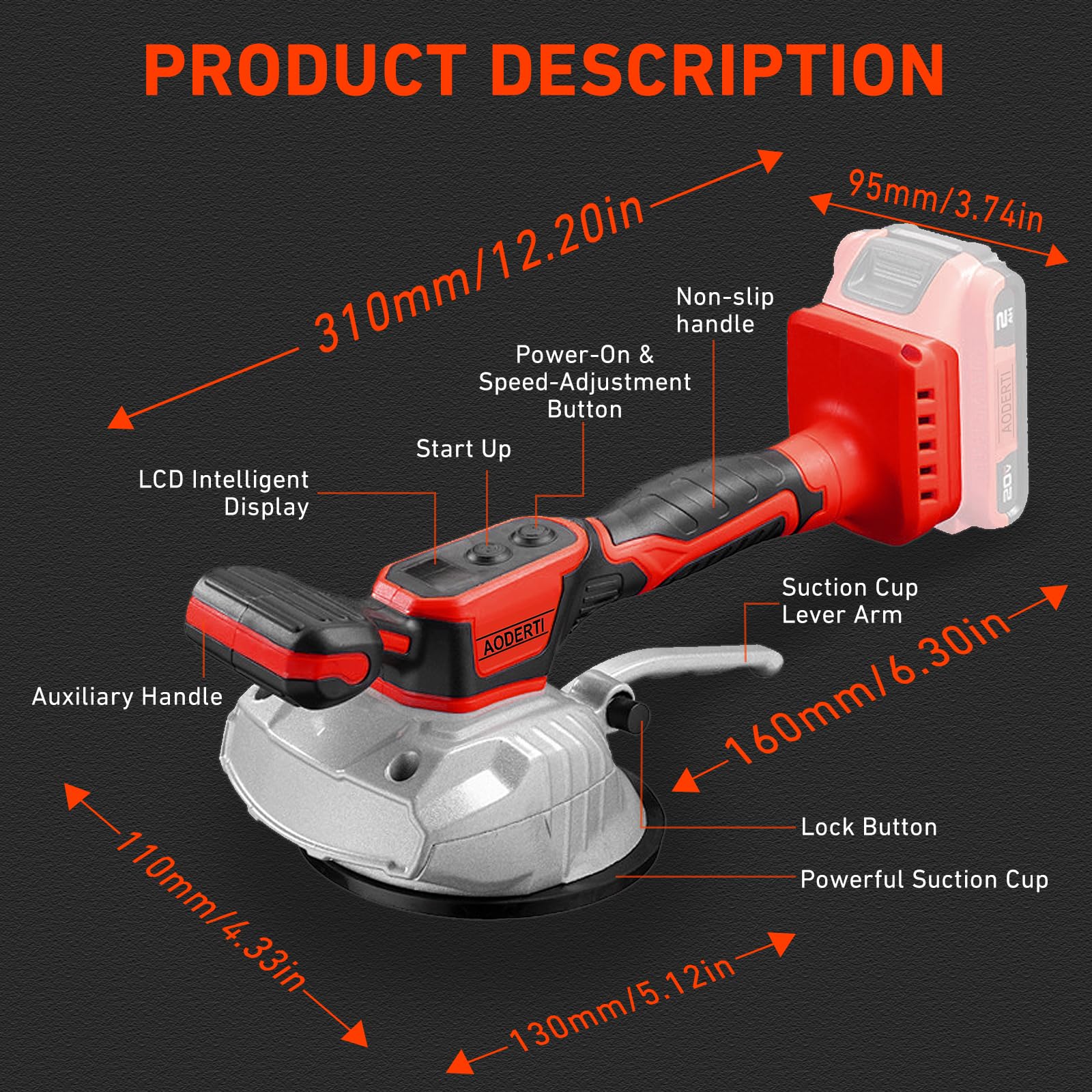Cordless Tile Vibration Leveling Machine for DEWALT 20V Max Battery, AODERTI Tiler Vibrator Tool with 8 Adjustable Speed, Suction Cup, Digital Display and Lock Design for Tile, Floor, Wall (Tool Only)