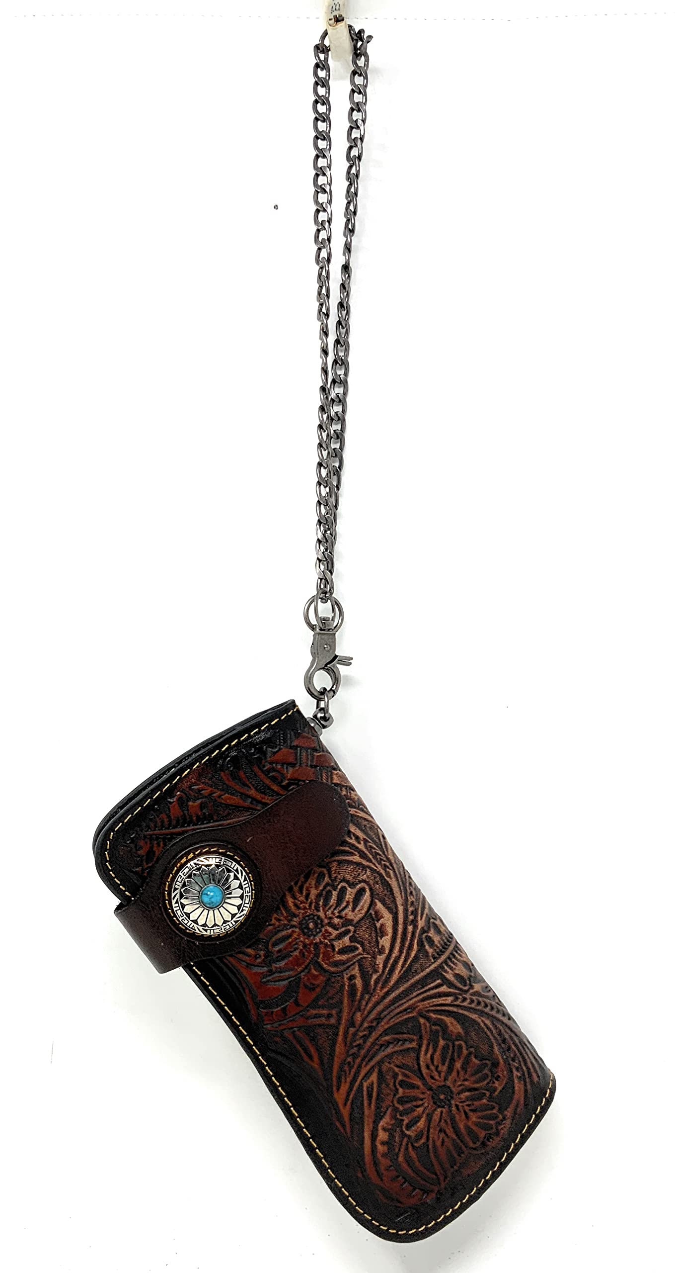 Large Concho and Print Flora Genuine Leather Women's Trifold Wallet/Cellphone Case with Exrta Wrist in 3 colors (Brown)