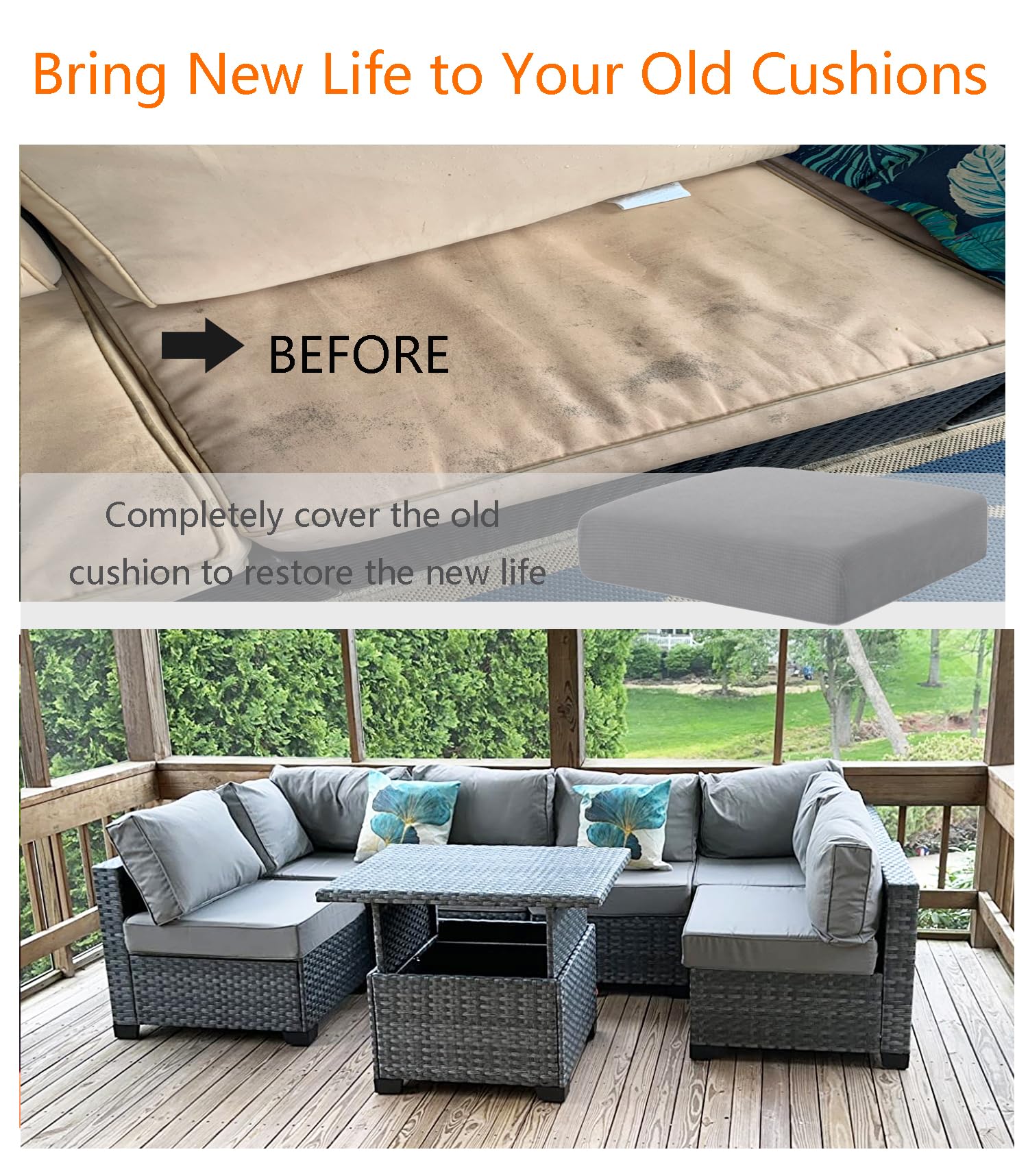 TECOSARA Outdoor Cushion Covers Replacement 10 Pcs Patio Cushion Covers fit for 4-Seater Wicker Rattan Sectional Couch Sofa Outdoor Cushion Slipcovers Set Seat and Back Cover Only, Grey