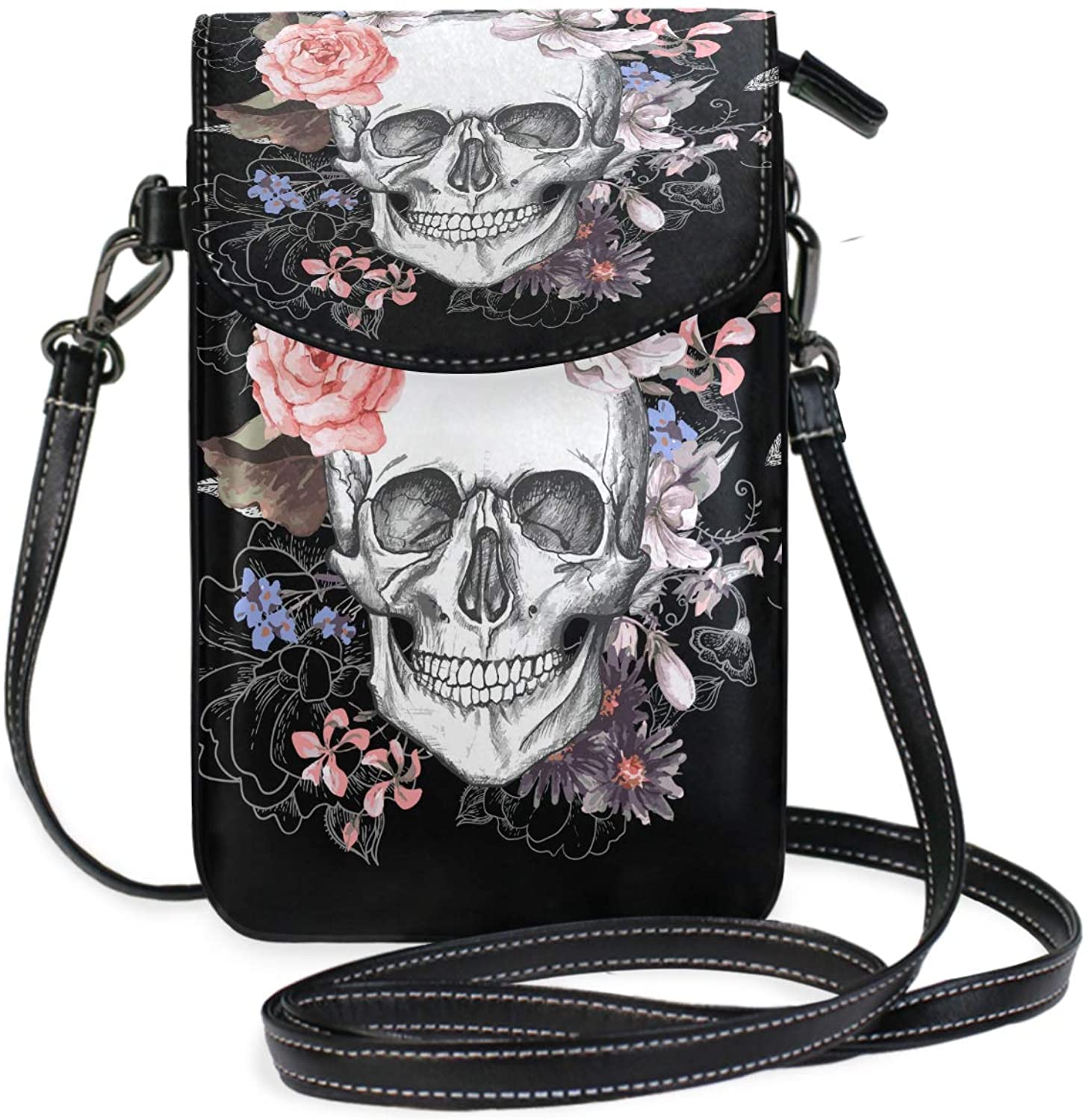 Flower Halloween Sugar Skull Cell Phone Purse Crossbody Bag Pouch Shoulder Bags Wallet for women Girls Travel, 7.6 x 4.9 inches(H x L)