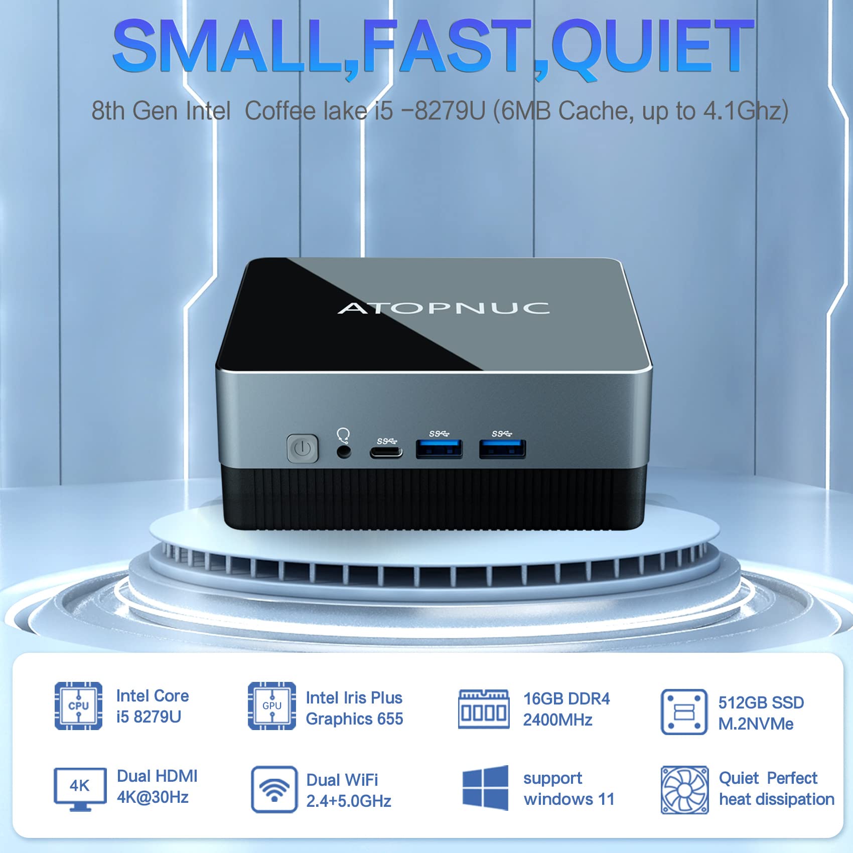 ATOPNUC Mini PC Windows 11 Pro, Intel i5-8279U 4.1Ghz Mini Desktop Computers 16GB DDR4 RAM 512GB M.2 SSD 4C/8T Dual 4K HDMI 2.5G/5.0G WiFi5 USB3.0 BT5.0 Micro Desktop PC Business Home Office Use