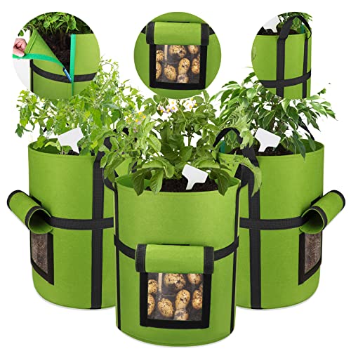 Kalolary 10 Gallon Potato Grow Bags, 3PCS Portable Grow Pots with Flap and Handles Planting Grow Bag with Visible Window, Nonwaven Fabric Garden Plant Bags for Vegetable Fruits, 10PCS Planting Labels