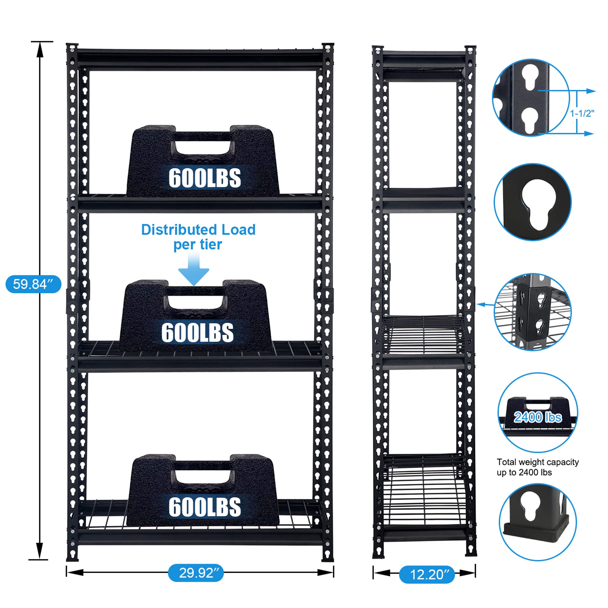Pachira 30" W x 12" D x 60" H Adjustable Height 4-Shelf Steel Shelving Unit Utility Organizer Rack for Home, Office, and Warehouse, Black