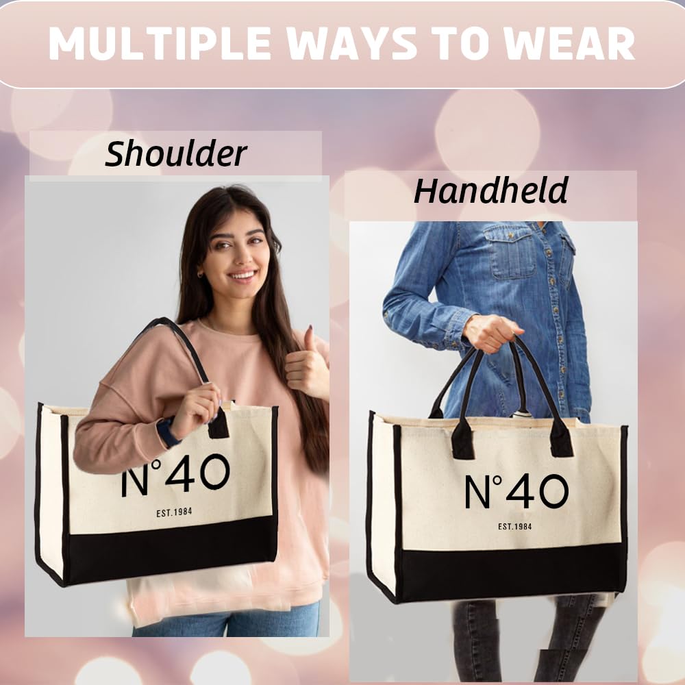 QLSKO 40th Birthday Gift Canvas Tote Bag for Women,N°40 EST.1984 Keepsake Beach Bag 40 Party Birthday Present supplies for Her (40th Basic)