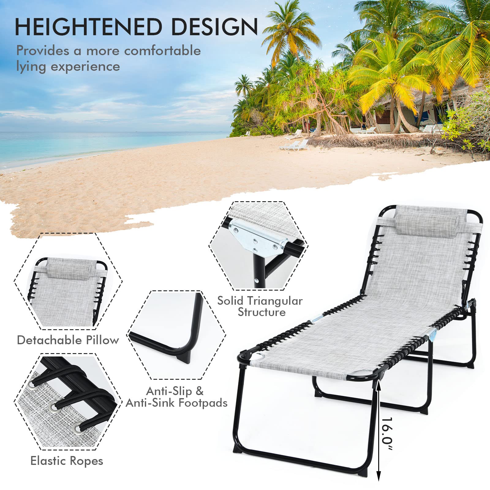 Tangkula Foldable Beach Lounge Chair for Outside, Sunbathing Chair with Removable Headrest, 4-Position Adjustable Backrest, Portable Tanning Chaise Lounger for Yard, Patio, Beach, Camping (1, Grey)