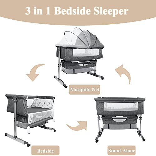 Kaptin Baby Bassinet Bedside Crib, Bedside Sleeper for Baby, Heigt Adjustable Crib with Wheels, Easy Folding Portable Baby Cradle with Large Storage Basket, for Infant/Baby/New Born (Grey)