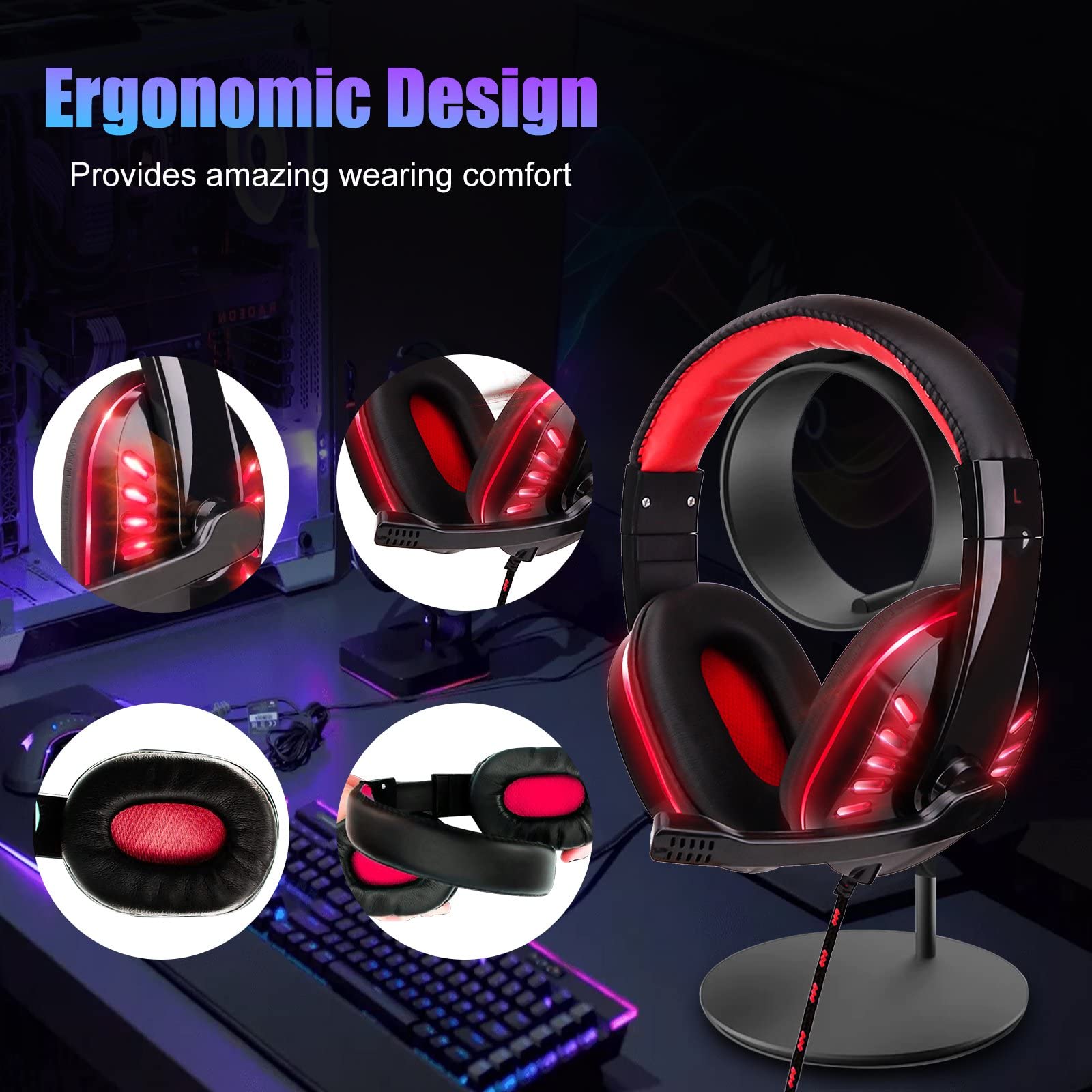 Atrasee PC Gaming Headset for PS4 Headset Wired PS5 Headset Xbox One Headset with Microphone Noise Cancelling, Stereo Over Ear Headphones with 3.5mm Audio Cable for Nintendo Switch Laptop, Red