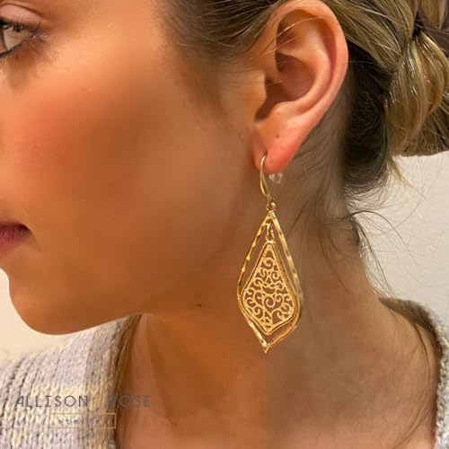 ALLISON ROSE ATELIER β Women's Boho Dangle Earrings β Worn Gold Plating with Filigree Design Medallion in a Chandelier Shape β 2.36β Length. Lightweight Bohemian Dangle Earrings for Women