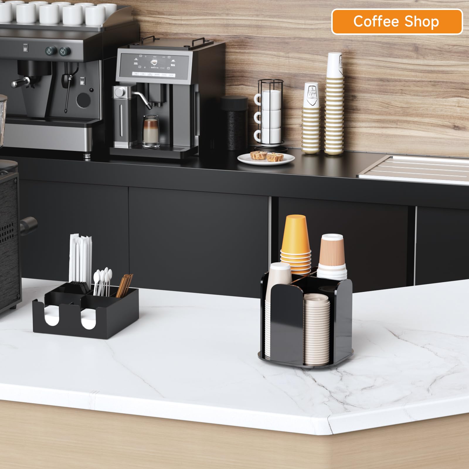 Beego Coffee Cup Holder Organizer - Rotatable 4 Compartments Clear Acrylic Cup Dispenser Coffee Station Cup and Lid Carousel Countertop Plastic Cup Holder Restaurant Breakroom Coffee Bar Accessories