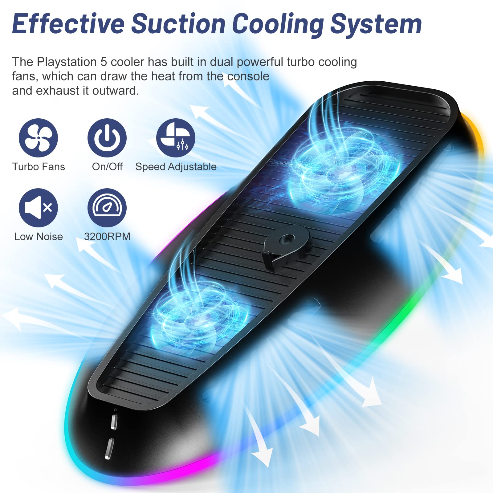 Allnice PS5 Stand with Cooling Fan and RGB LED Light for Playstation 5 Disc/Digital Edition, PS5 Cooling Station PS5 Fan Cooler System PS5 Vertical Base, Built-in LED Light with IR Remote, 2 USB Ports