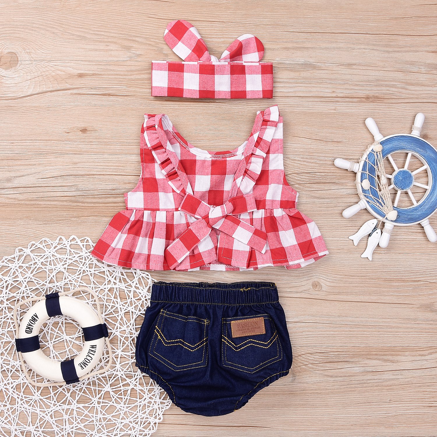 IWOKA Baby Girls Plaid Ruffle Bowknot Tank Top+Denim Shorts Outfit with Headband (70(0-6M), Red)