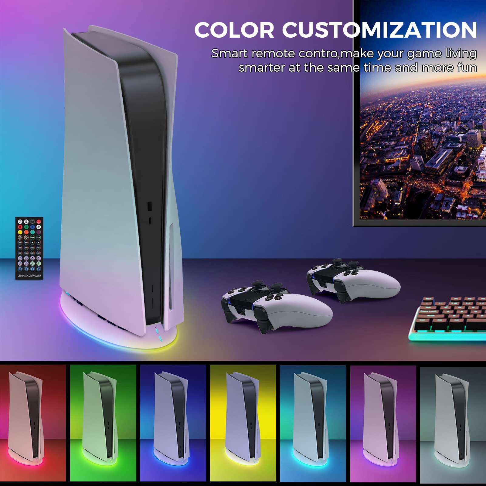 Allnice PS5 Stand with Cooling Fan, Adjustable Speed Control, LED Light, IR Remote, and Dual USB Ports