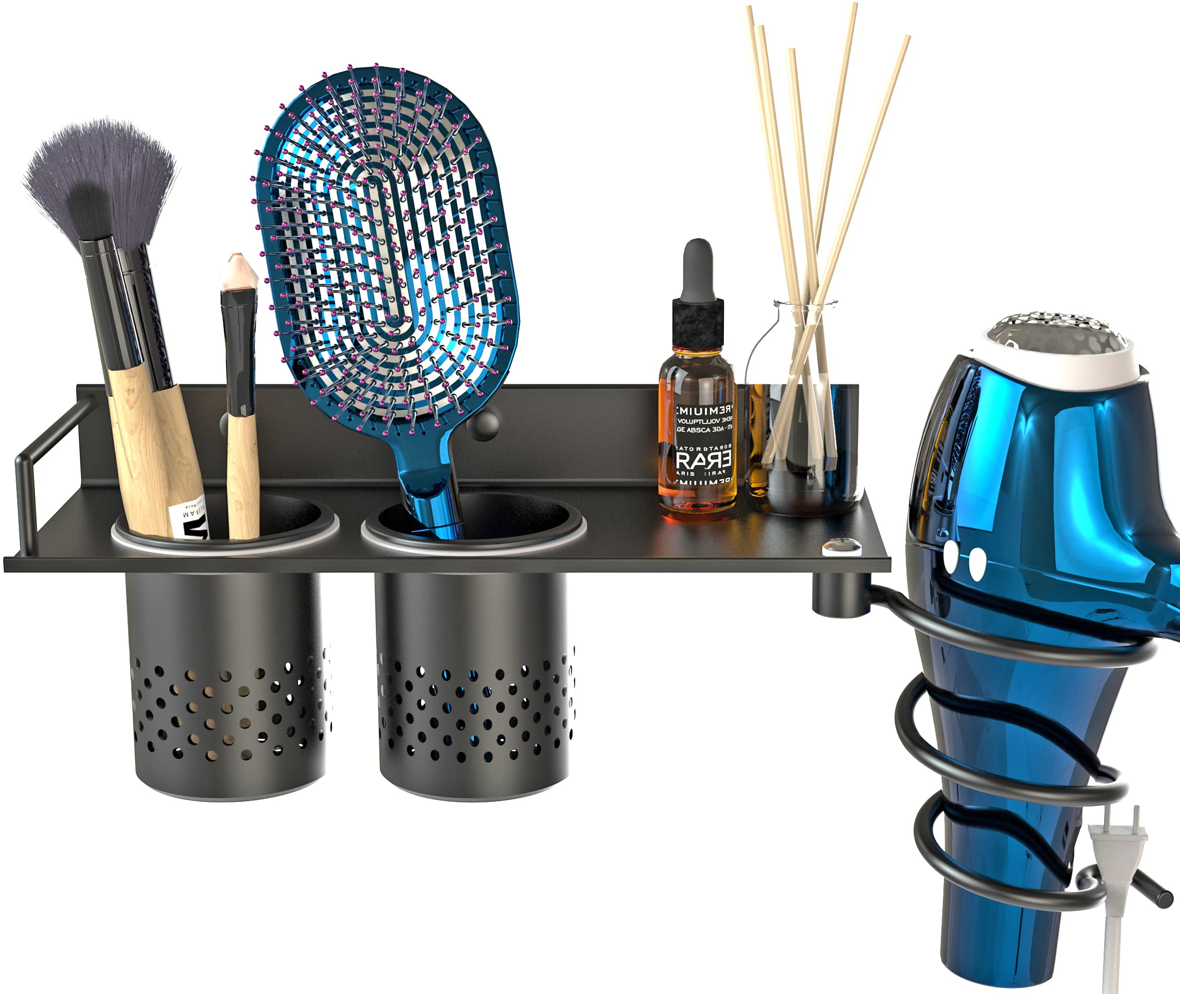MyLifeUNIT Hair Dryer Holder, Hair Tool Organizer Wall Mounted with 2 Cups, Bathroom Blow Dryer Holder Shelf, Hair Styling Tools Organizer