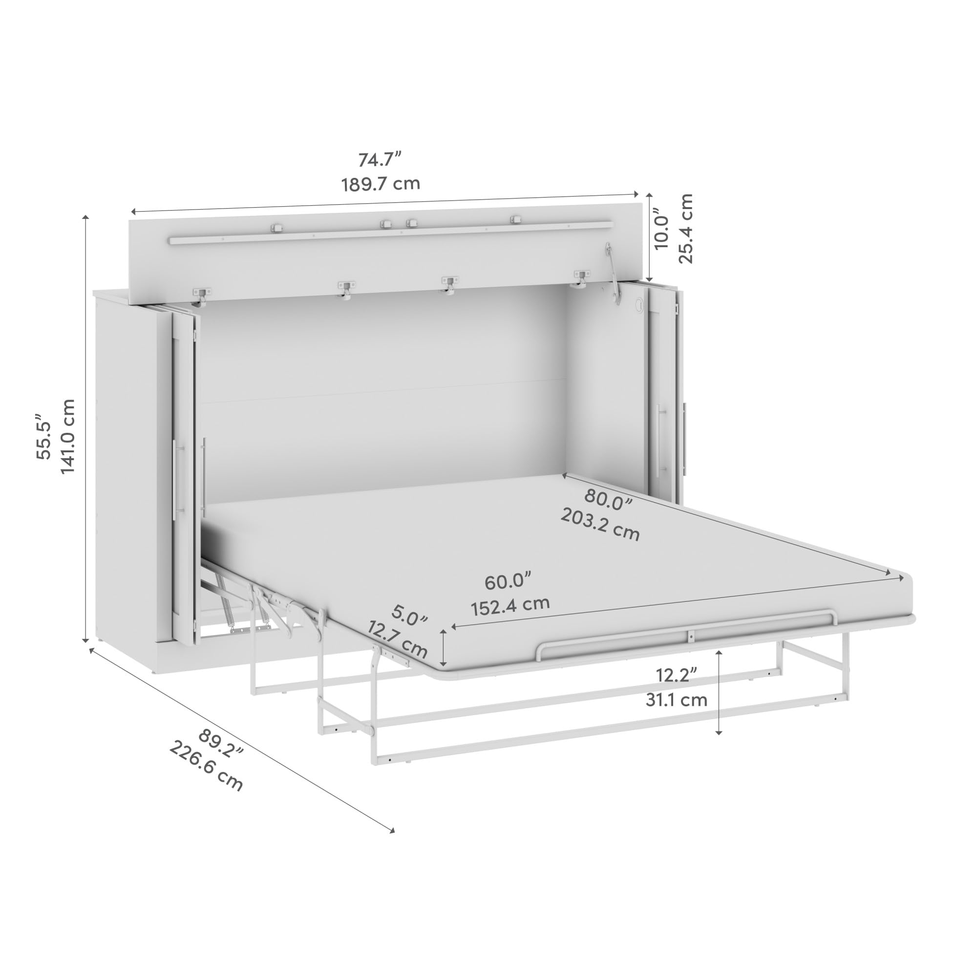 Bestar Pur 75W Queen Size Murphy Cabinet Bed with Mattress in White, 75-inch Space-Saving Sleeping Arrangement for Multipurpose Guest Room or Home Office