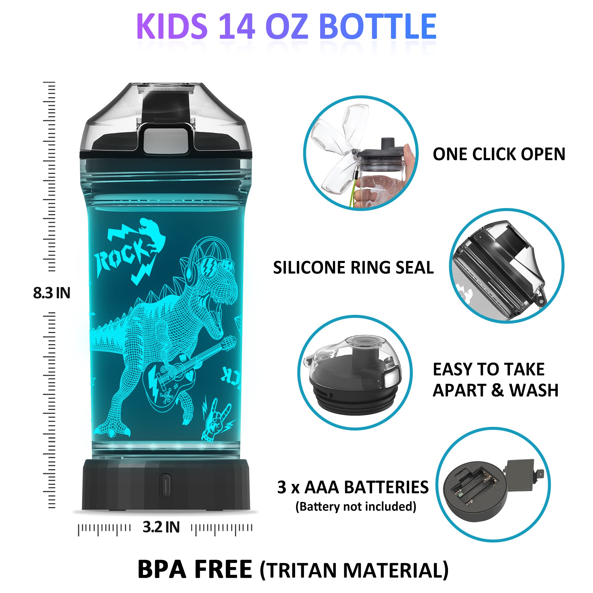 Attivolife Light up Kids Dinosaur Water Bottle with 3D Illusion Glowing Lamp, Travel Cup - 14 OZ Free Eco-Friendly Timer Function, Cool Unique Gifts for Back to School Boy Girl Toddler Camping