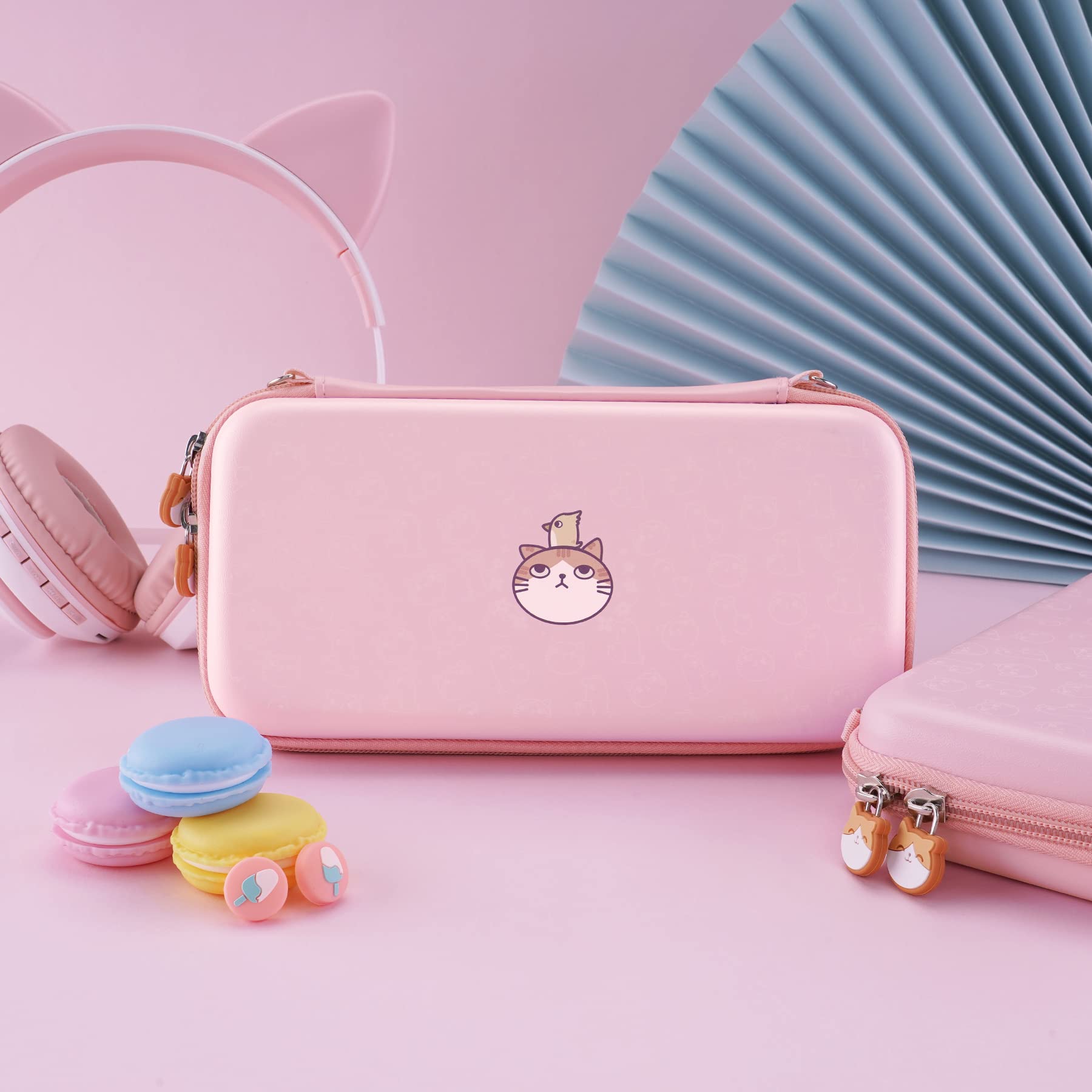 eXtremeRate PlayVital Pink Cute Carrying Case for Nintendo Switch Lite, Thumb Grip Caps + Kitten & Chicken Slim Travel Case for Switch Lite, Portable Hardshell Girl Storage Bag Game Accessories