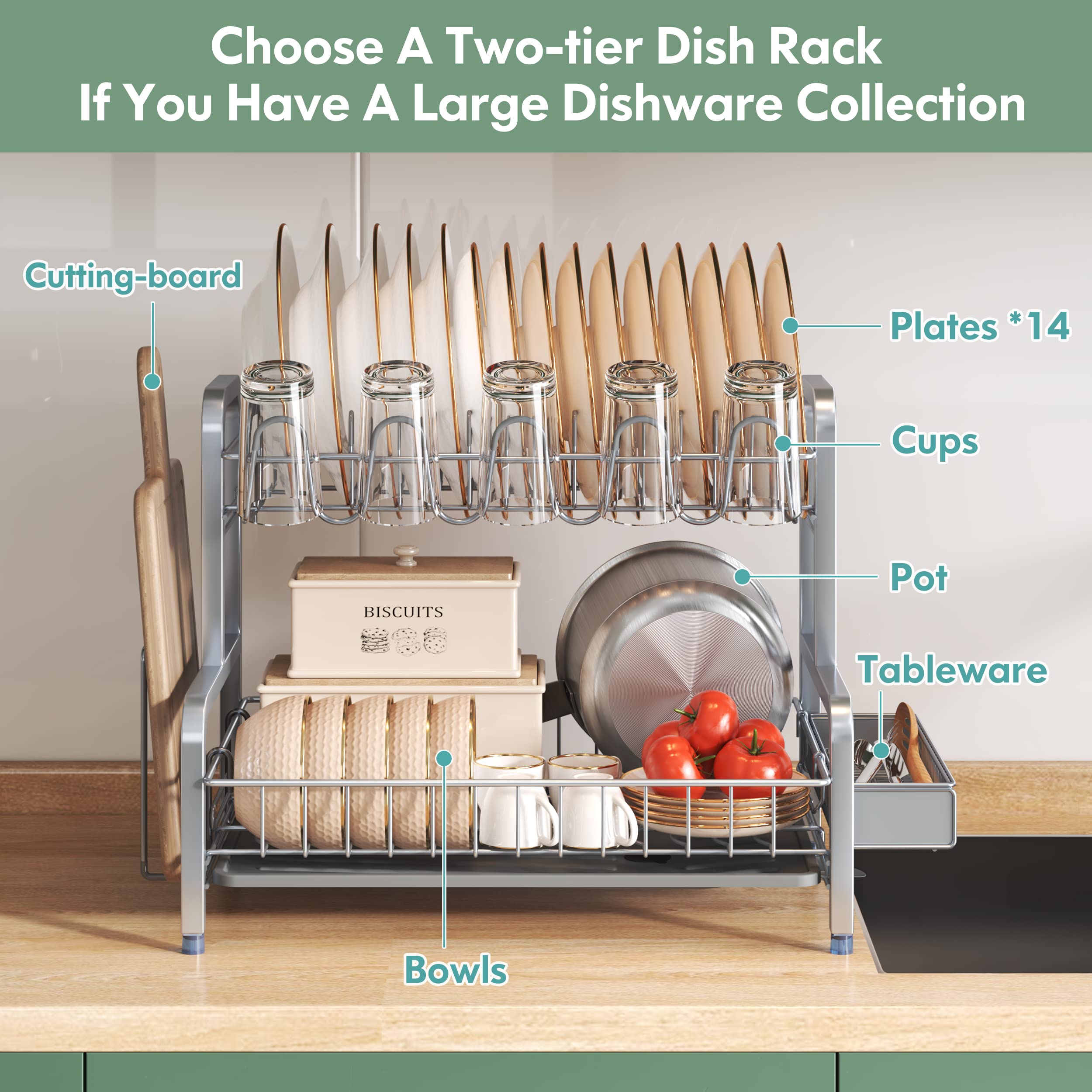 BOOSINY 2 Tier Dish Drying Rack and Drainboard Set, Large Stainless Steel Dish Drainers for Kitchen Counter, Dish Strainer Shelf with Cup-Holder (Grey)