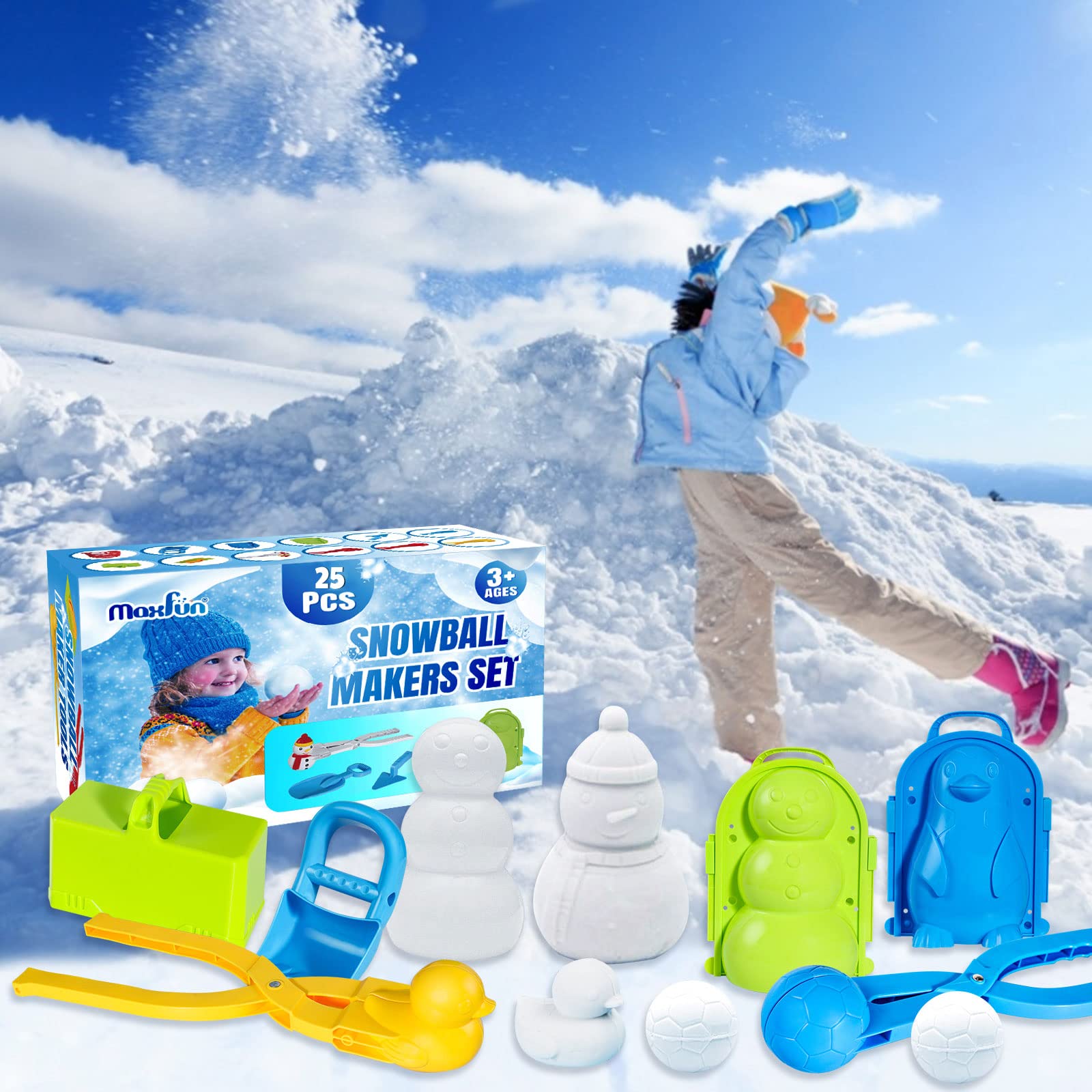 Max Fun 25Pcs Winter Snowball Tool Kit with Handle for Snow Ball Shapes Fights Duck for Kids Toddlers Adults Outdoor Sand Molds Beach Toys
